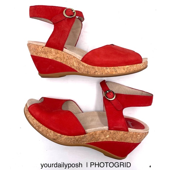 Dansko | Shoes | Dansko Red Leather Nubuck Charlotte Wedge Sandals Eu ...